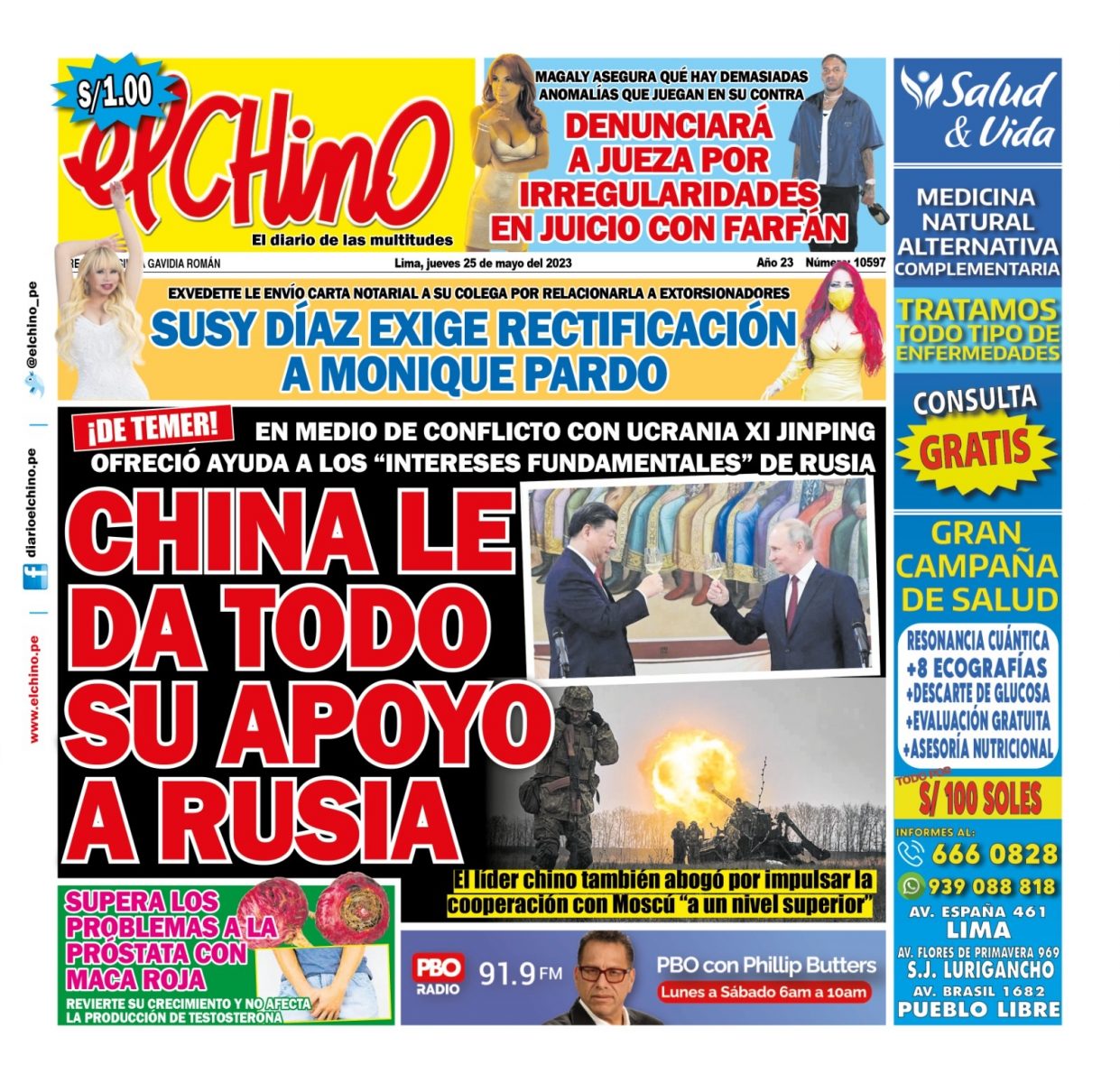 Portada impresa – Diario El Chino (25/05/2023)